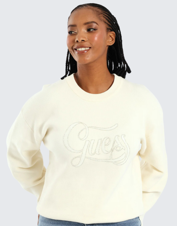 Guess Ladies Laura Logo Round Neck Sweater In Cream Women
