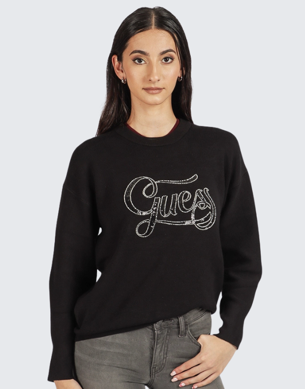 Guess Ladies Laura Logo Sweater In Black